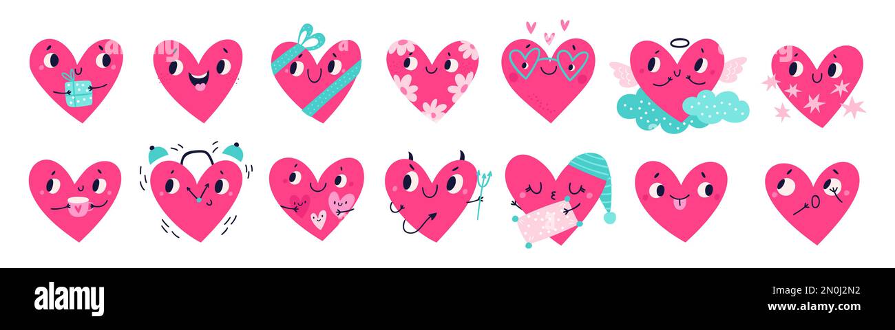 Cute hearts emoji. Cartoon romantic symbols. Smiling characters. Pink ...