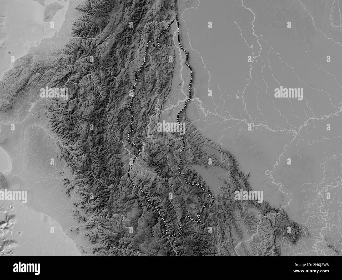 Amazonas, region of Peru. Grayscale elevation map with lakes and rivers ...