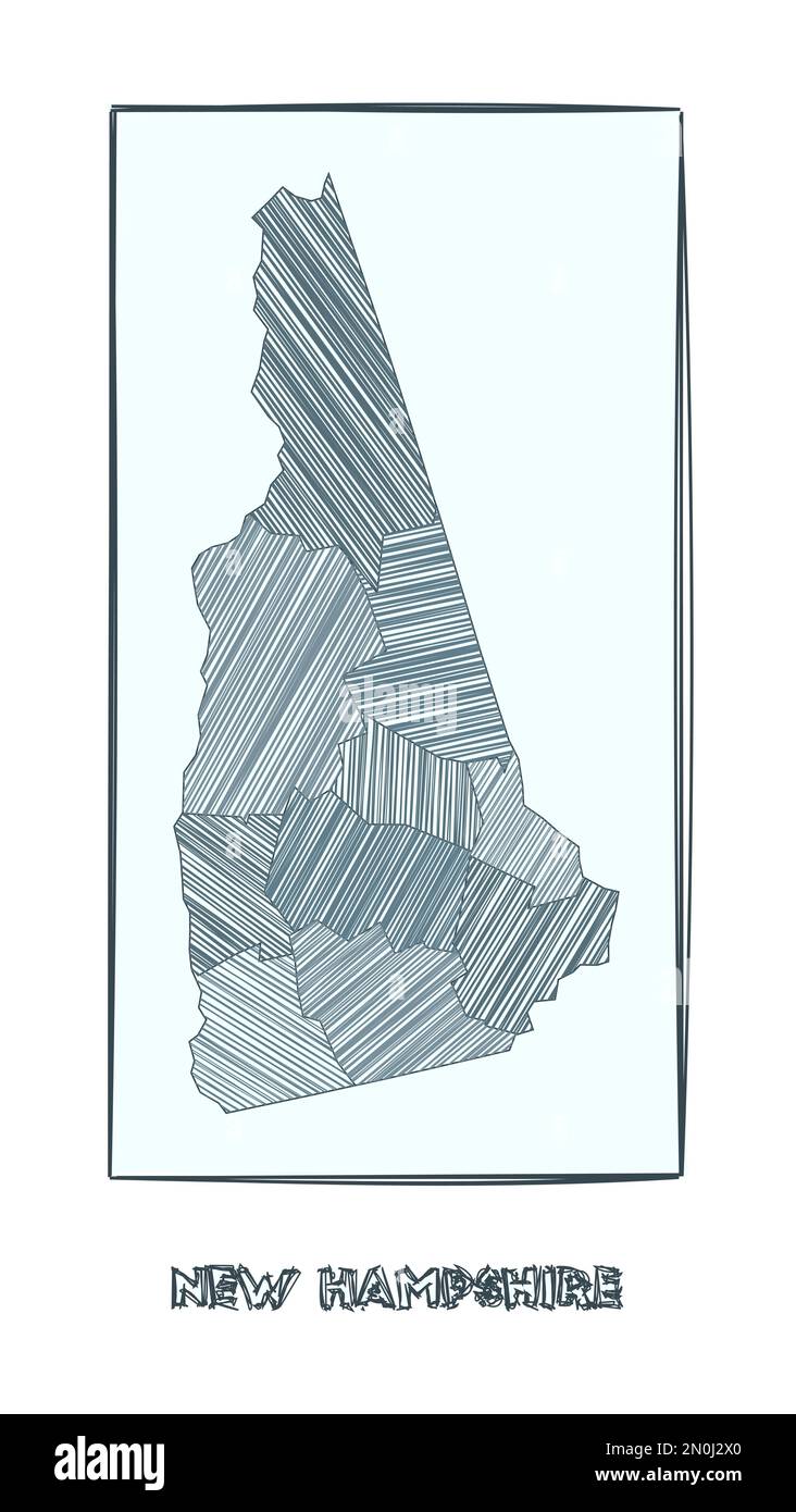 Sketch map of New Hampshire. Grayscale hand drawn map of the US state ...