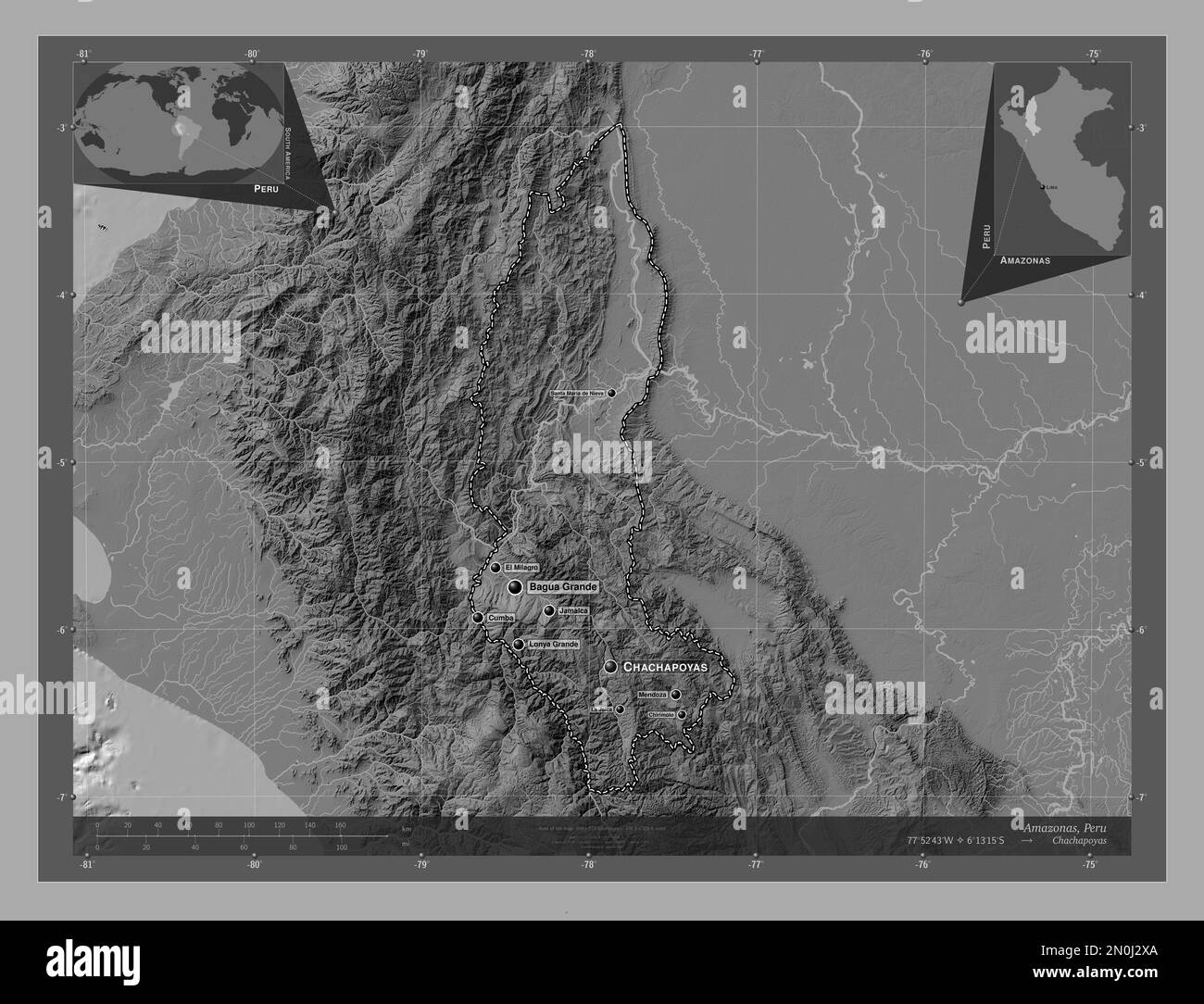 Amazonas, region of Peru. Bilevel elevation map with lakes and rivers ...