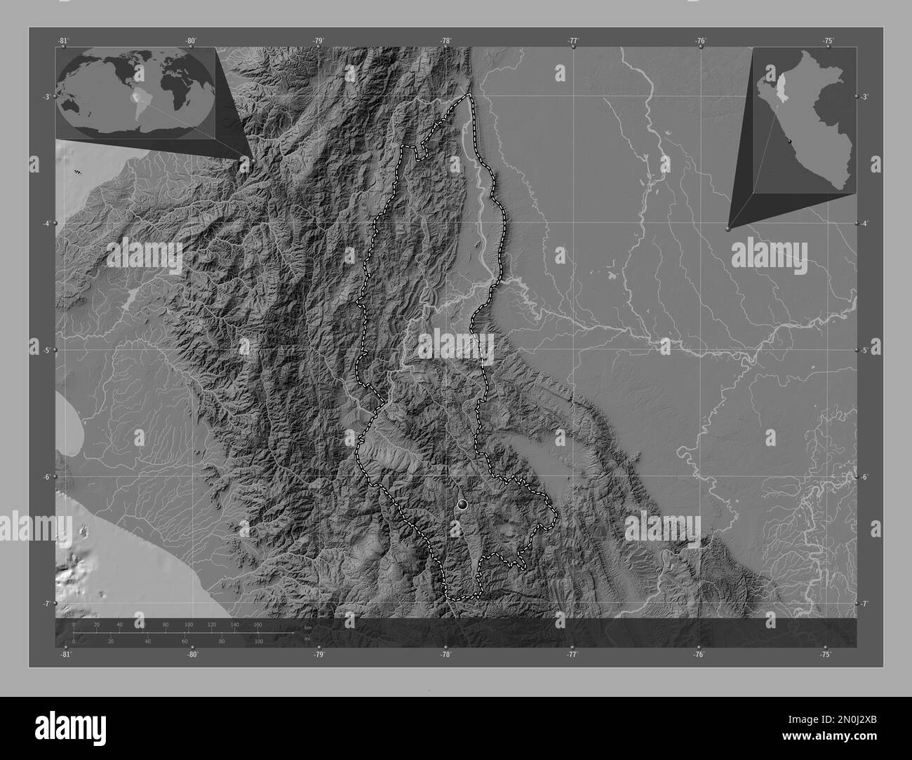 Amazonas, region of Peru. Bilevel elevation map with lakes and rivers ...