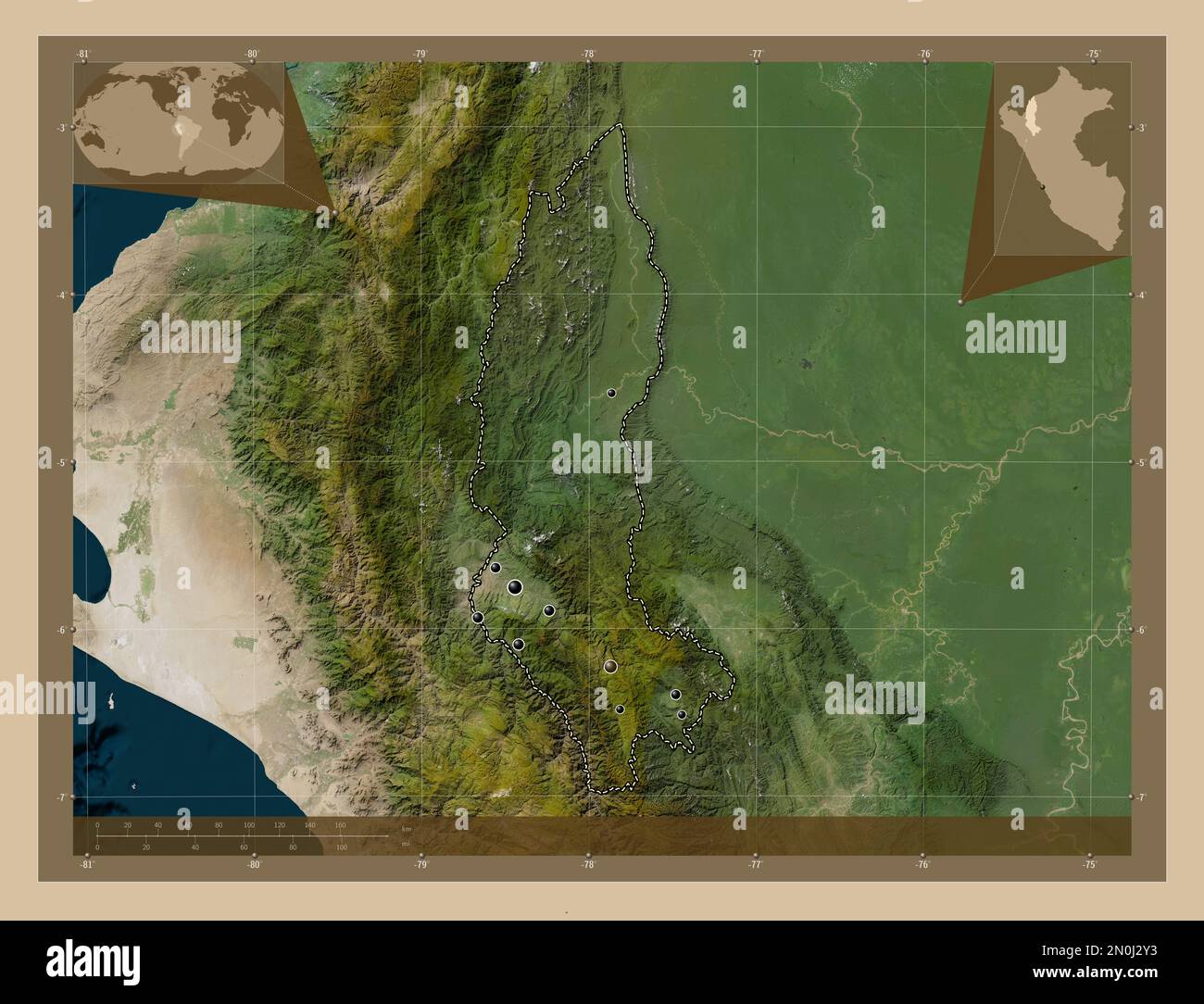 Amazonas, region of Peru. Low resolution satellite map. Locations of ...