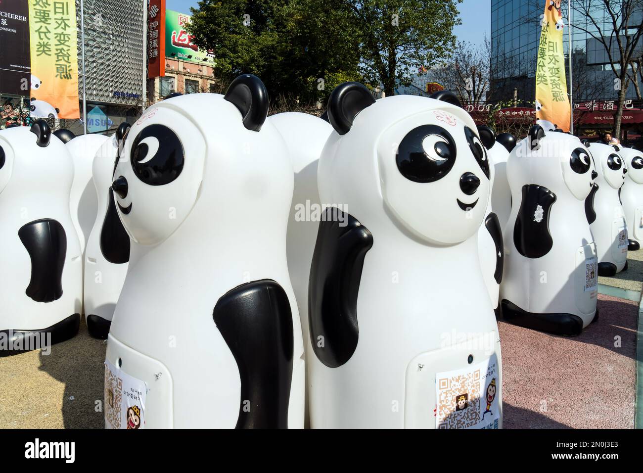 In this Friday, Jan. 8, 2016 photo, panda-shaped recycling bins are ...