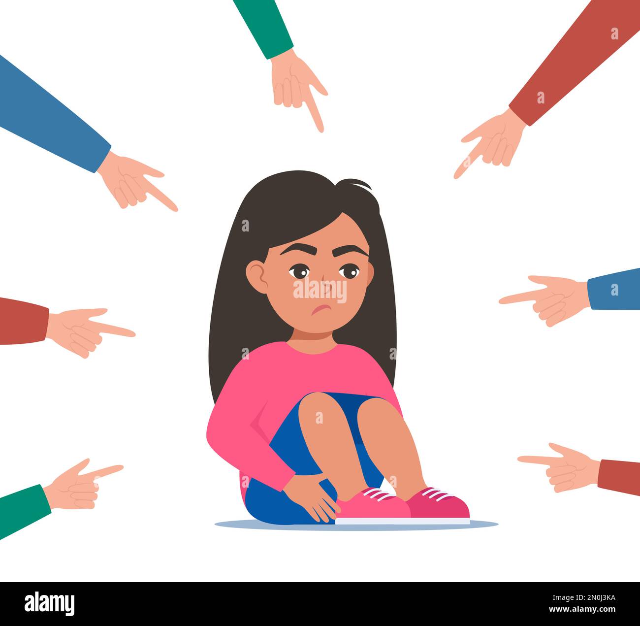 Sad or depressed girl kid surrounded by hands with index fingers ...