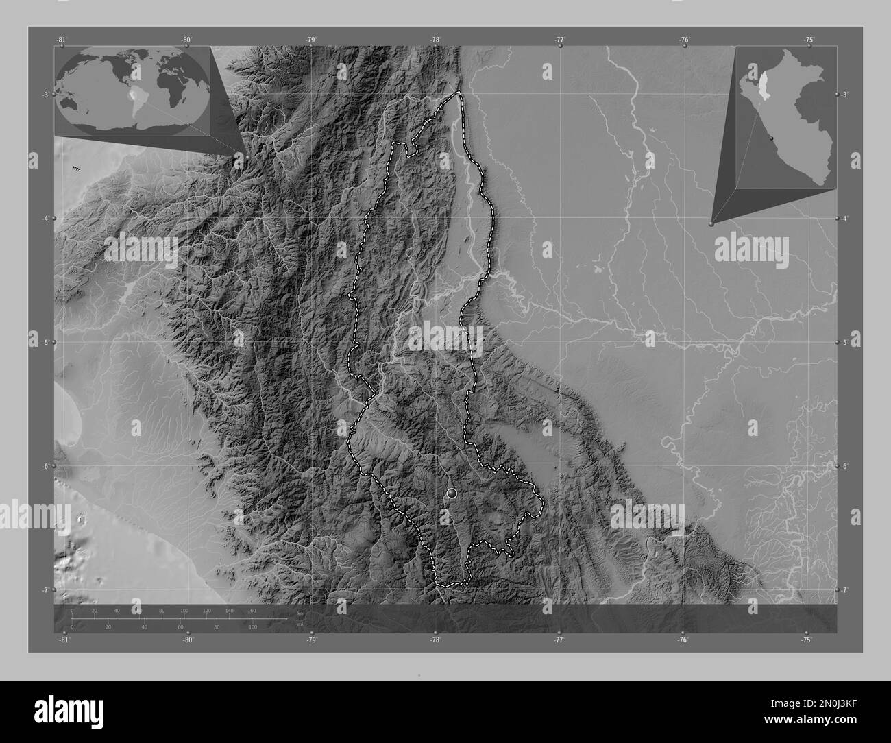 Amazonas, region of Peru. Grayscale elevation map with lakes and rivers ...