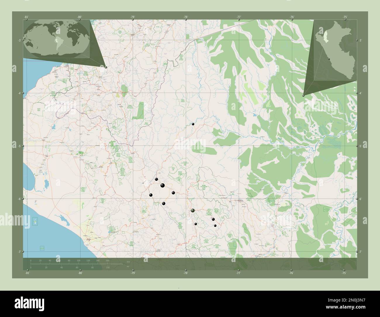 Amazonas, region of Peru. Open Street Map. Locations of major cities of ...