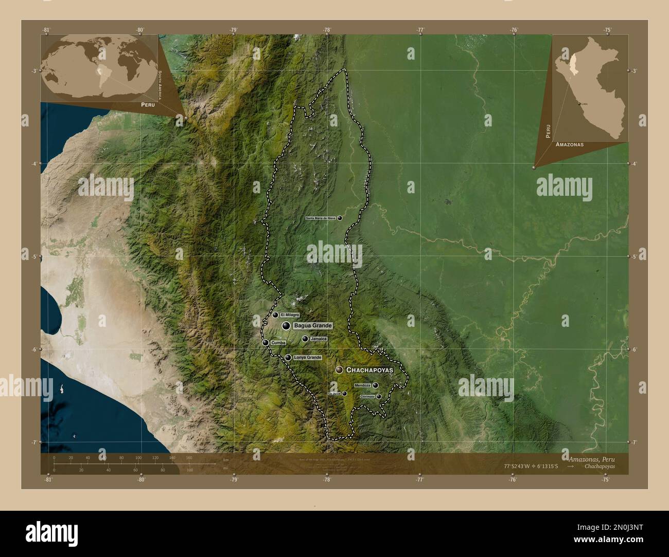 Amazonas, region of Peru. Low resolution satellite map. Locations and ...