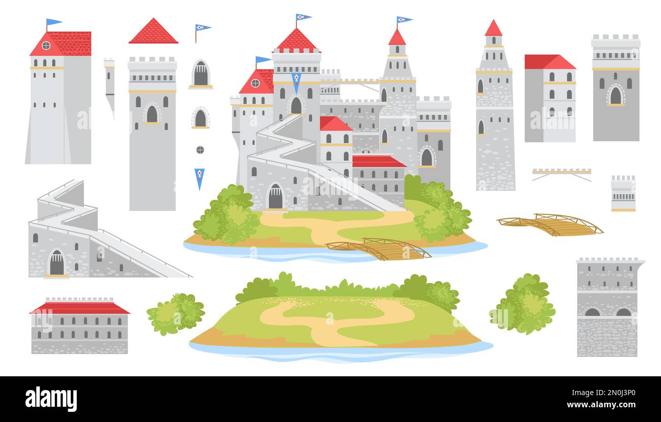 Cartoon castle kit. Fortified building constructor. Fairytale princess ...