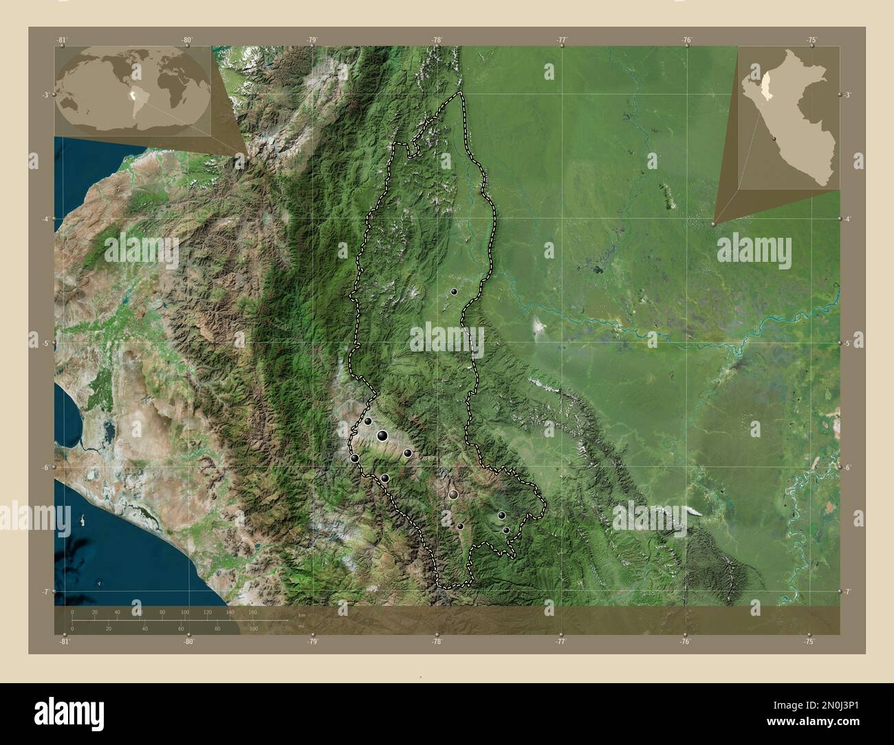 Amazonas, region of Peru. High resolution satellite map. Locations of ...