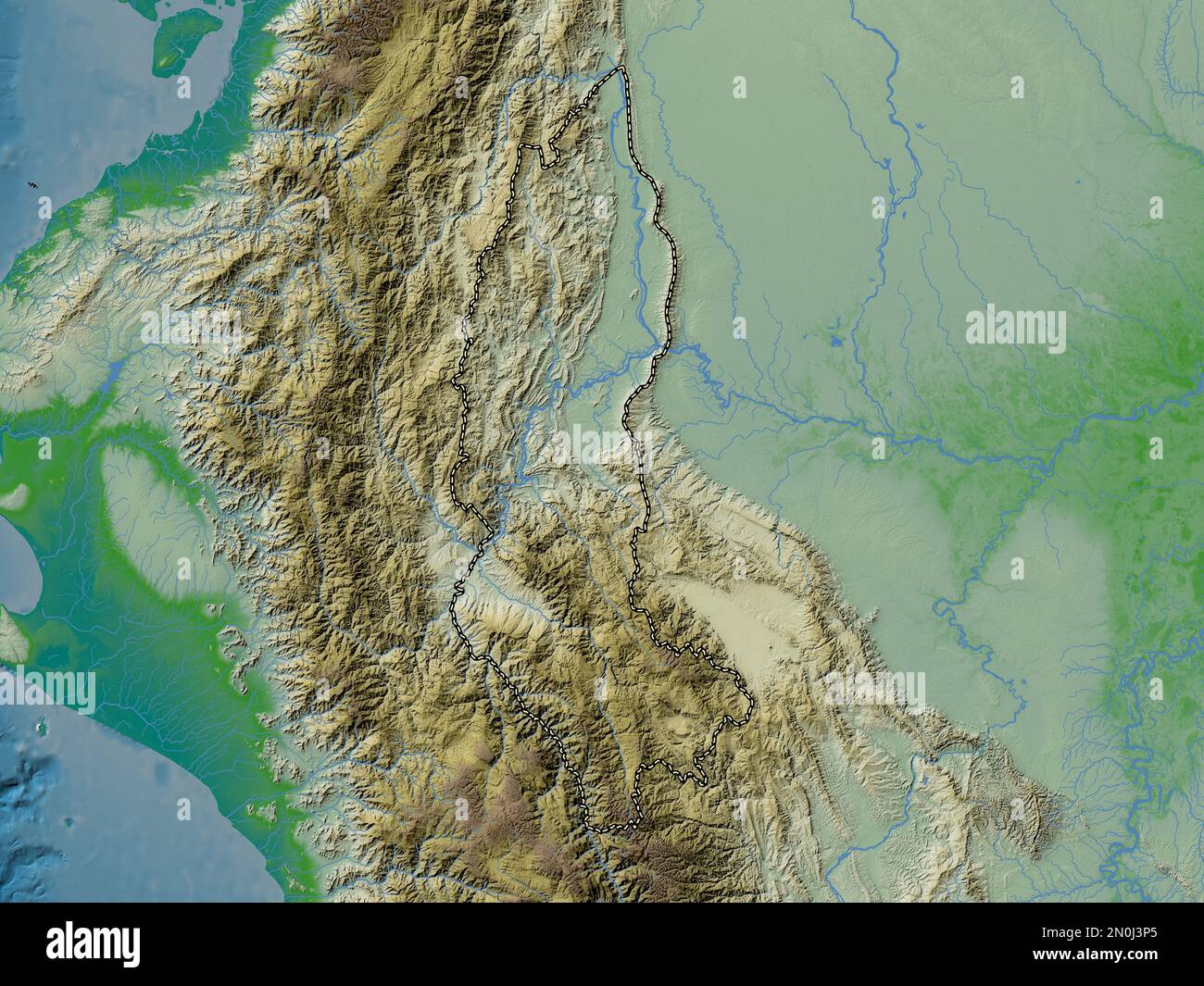 Amazonas, region of Peru. Colored elevation map with lakes and rivers ...