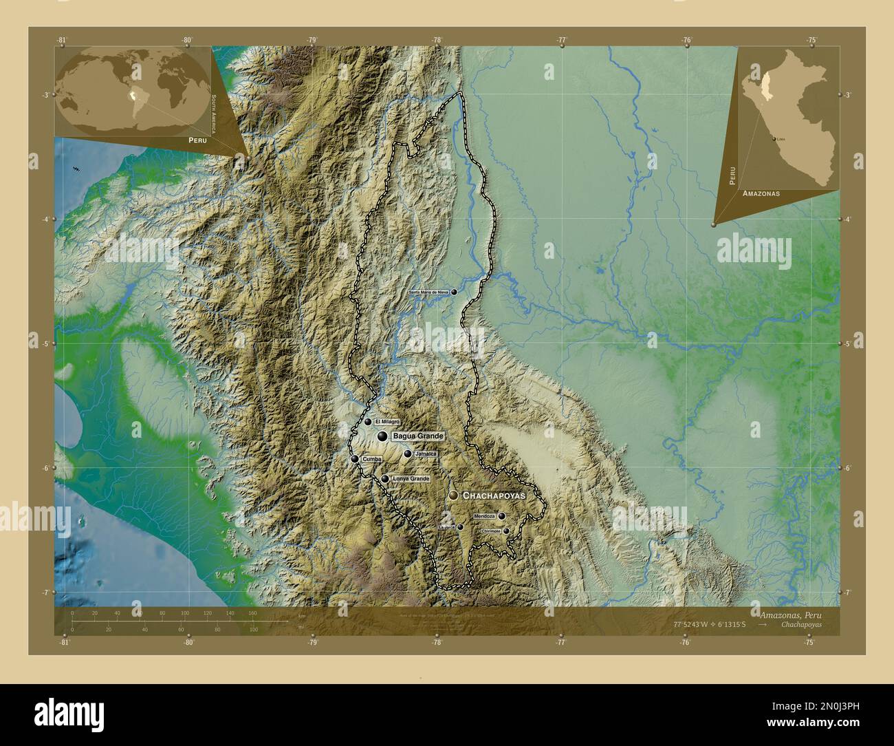 Amazonas, region of Peru. Colored elevation map with lakes and rivers ...