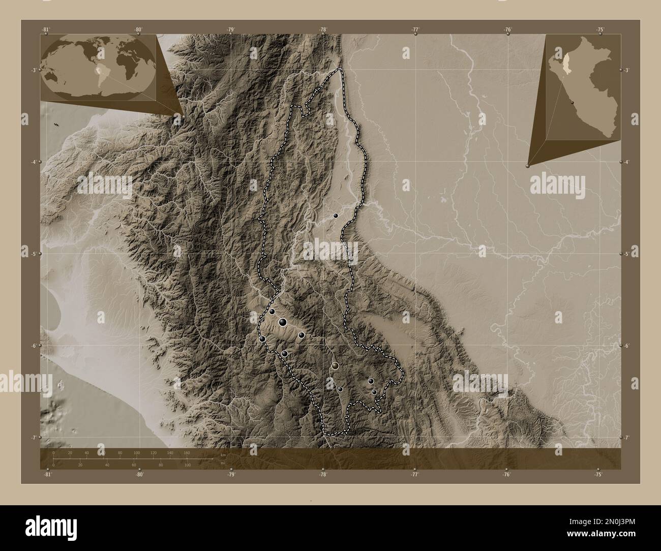 Amazonas, region of Peru. Elevation map colored in sepia tones with ...
