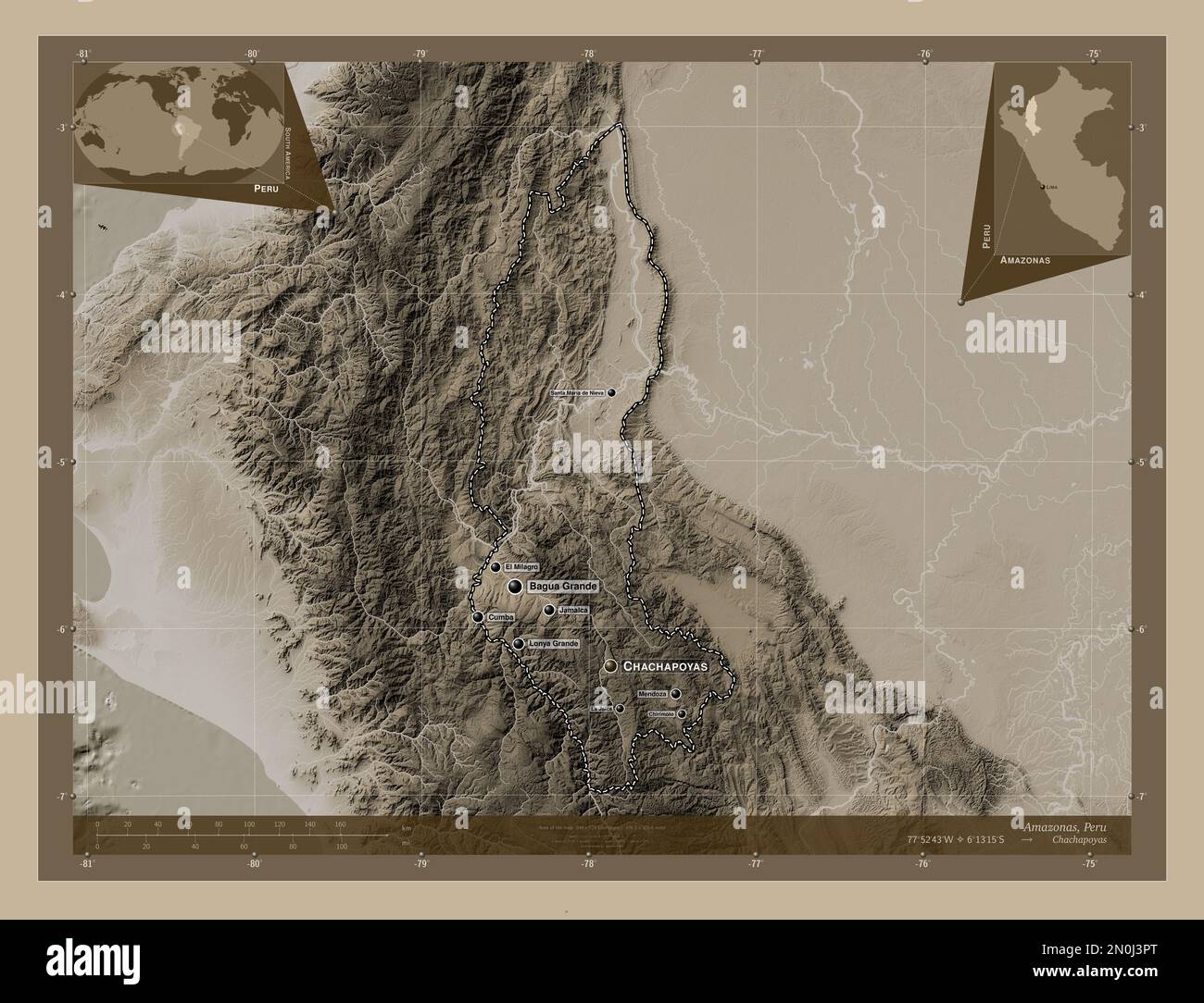 Amazonas, region of Peru. Elevation map colored in sepia tones with ...