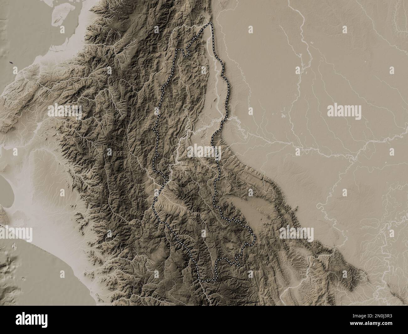 Amazonas, region of Peru. Elevation map colored in sepia tones with ...