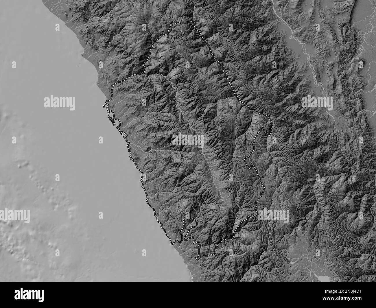 Ancash, region of Peru. Bilevel elevation map with lakes and rivers ...