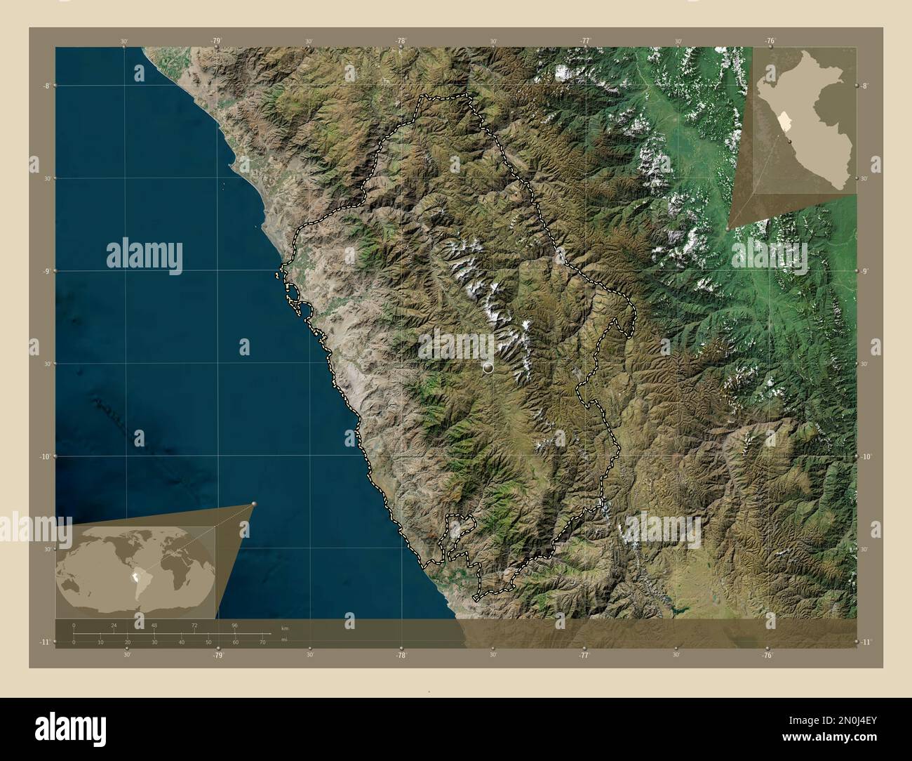 Ancash, region of Peru. High resolution satellite map. Corner auxiliary ...