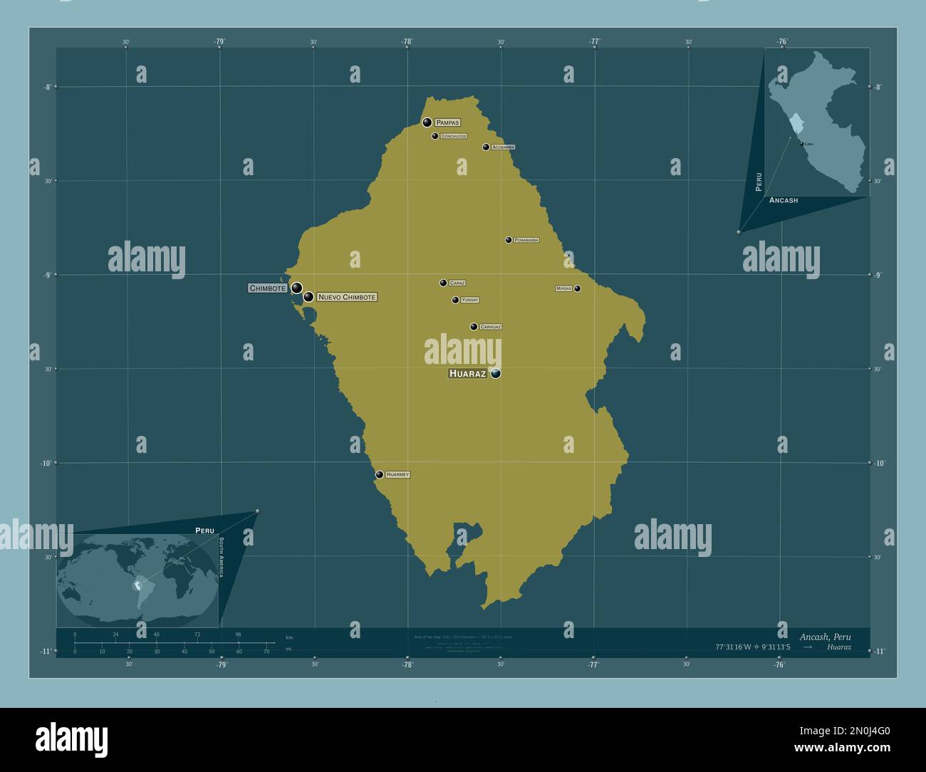 Ancash, region of Peru. Solid color shape. Locations and names of major ...