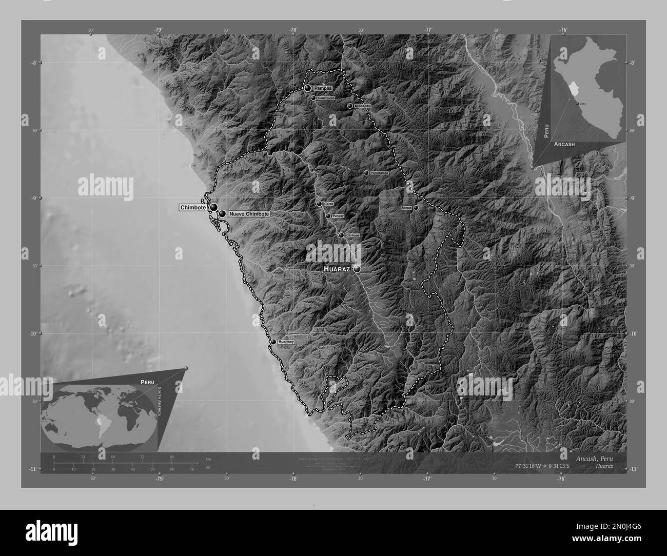 Ancash, region of Peru. Grayscale elevation map with lakes and rivers ...