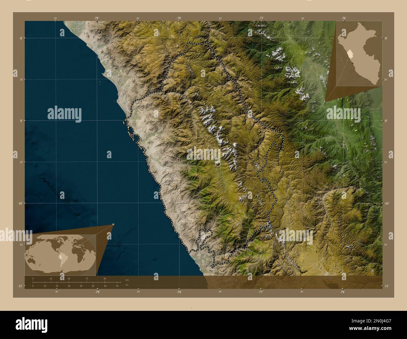 Ancash, region of Peru. Low resolution satellite map. Corner auxiliary ...