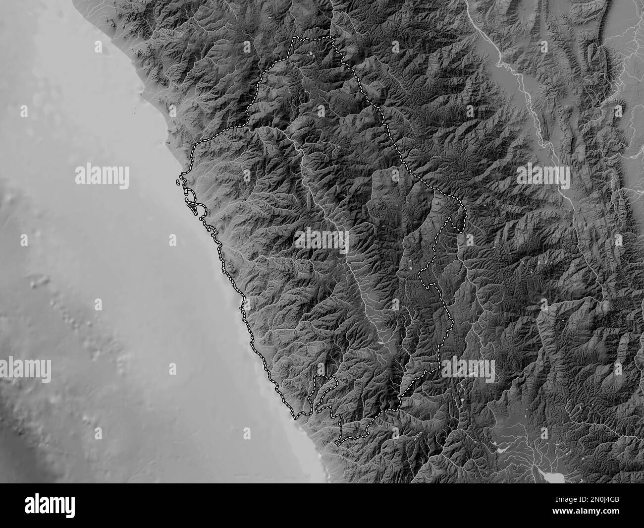 Ancash, region of Peru. Grayscale elevation map with lakes and rivers ...