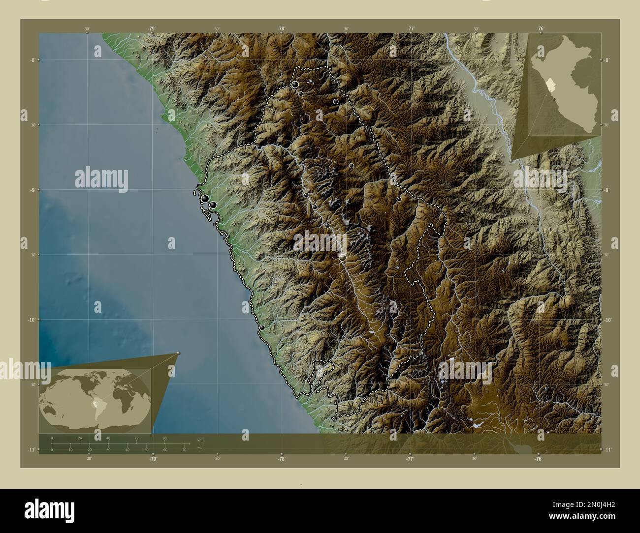 Ancash, region of Peru. Elevation map colored in wiki style with lakes ...