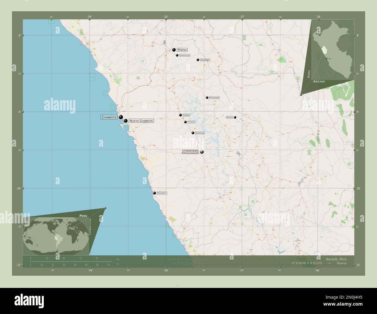 Ancash, region of Peru. Open Street Map. Locations and names of major ...
