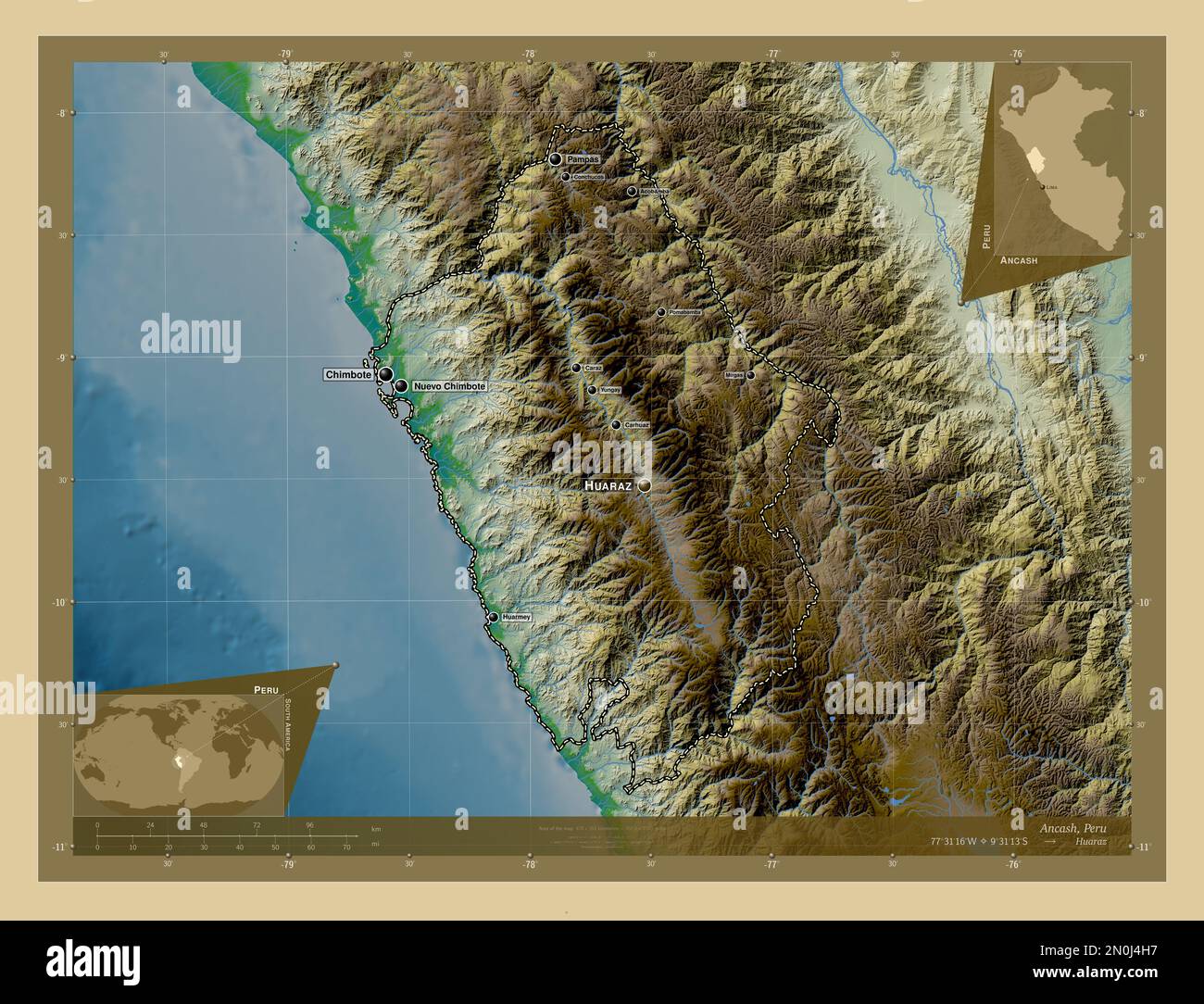 Ancash, region of Peru. Colored elevation map with lakes and rivers ...