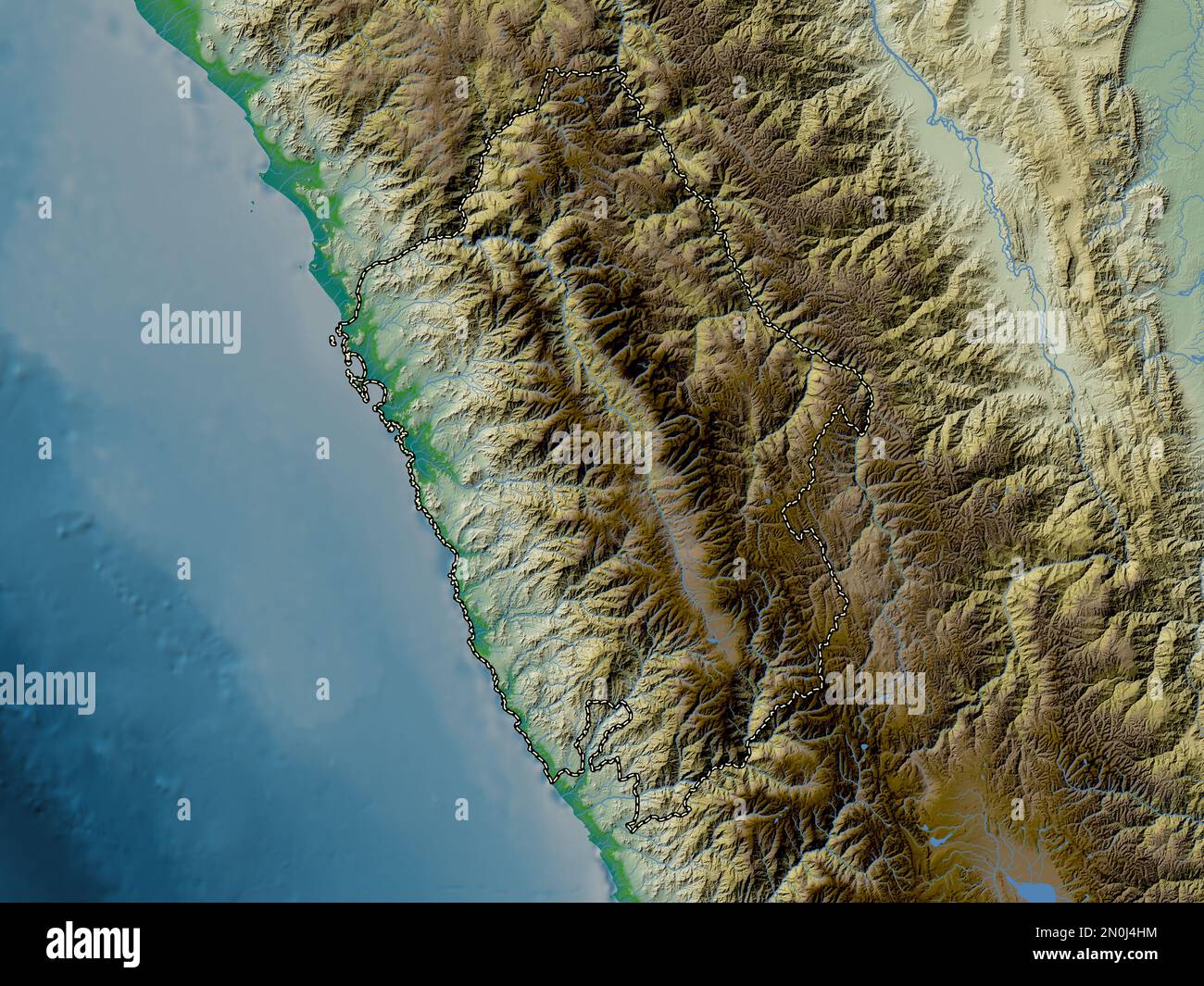 Ancash, region of Peru. Colored elevation map with lakes and rivers ...