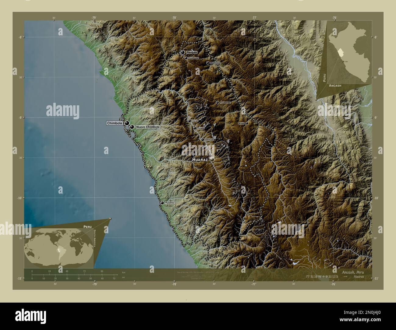 Ancash, region of Peru. Elevation map colored in wiki style with lakes ...