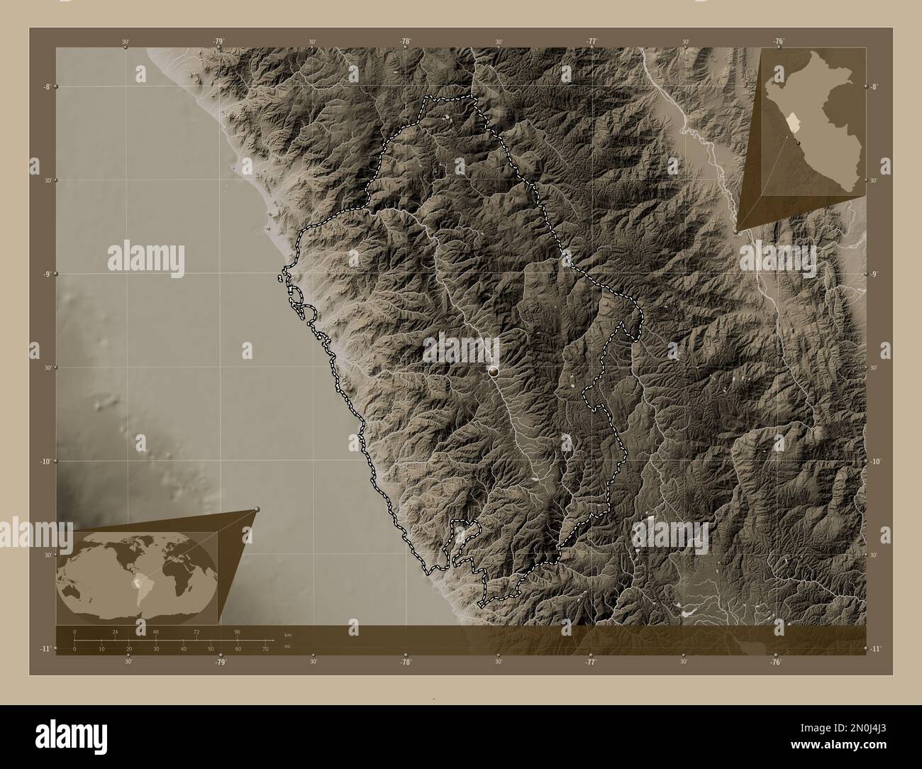 Ancash, region of Peru. Elevation map colored in sepia tones with lakes ...