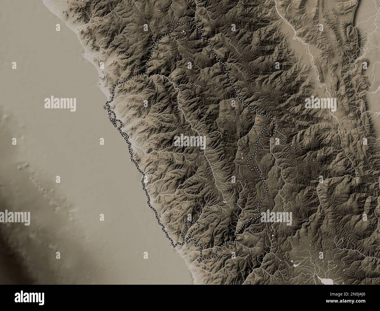 Ancash, region of Peru. Elevation map colored in sepia tones with lakes ...