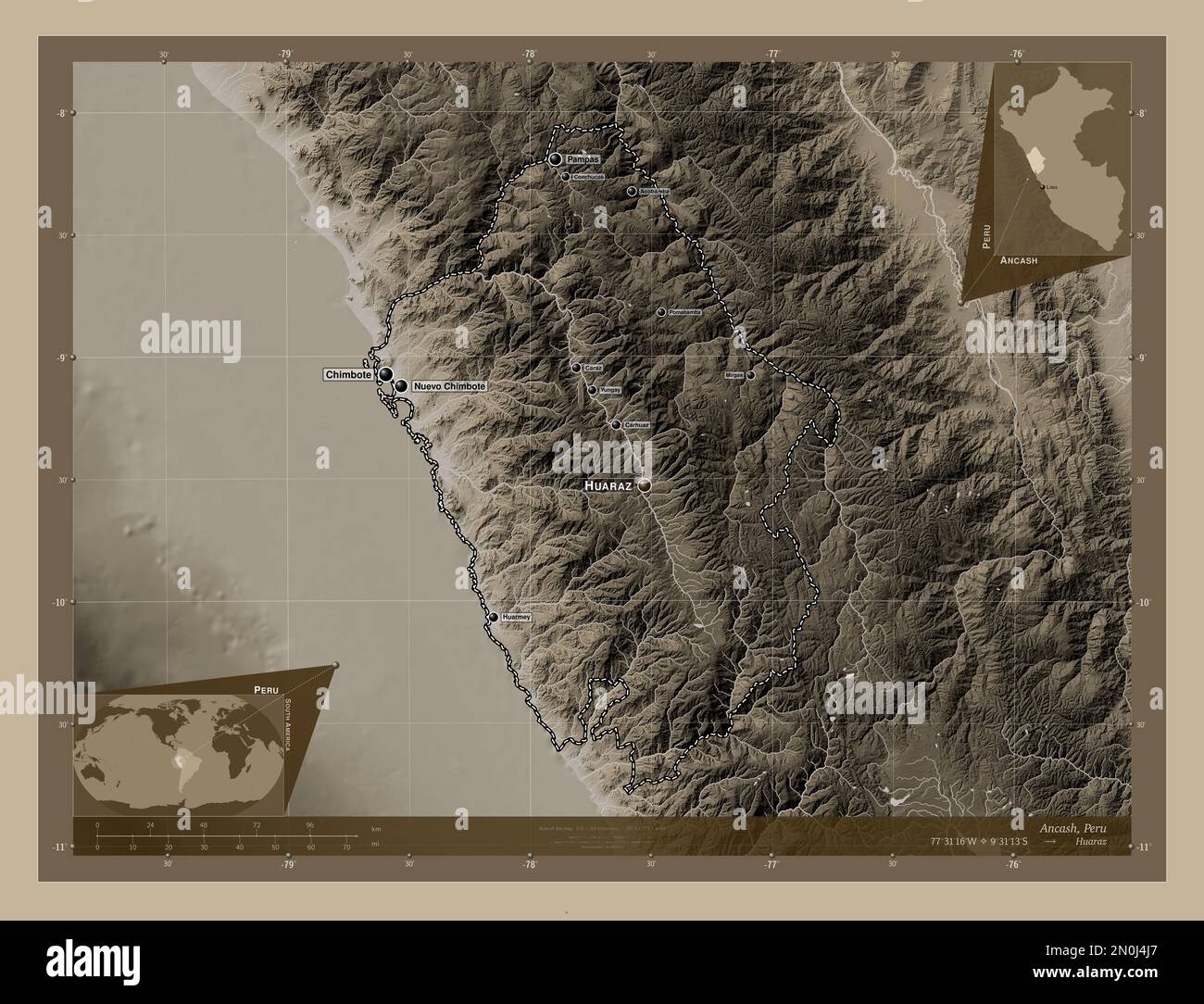 Ancash, region of Peru. Elevation map colored in sepia tones with lakes ...