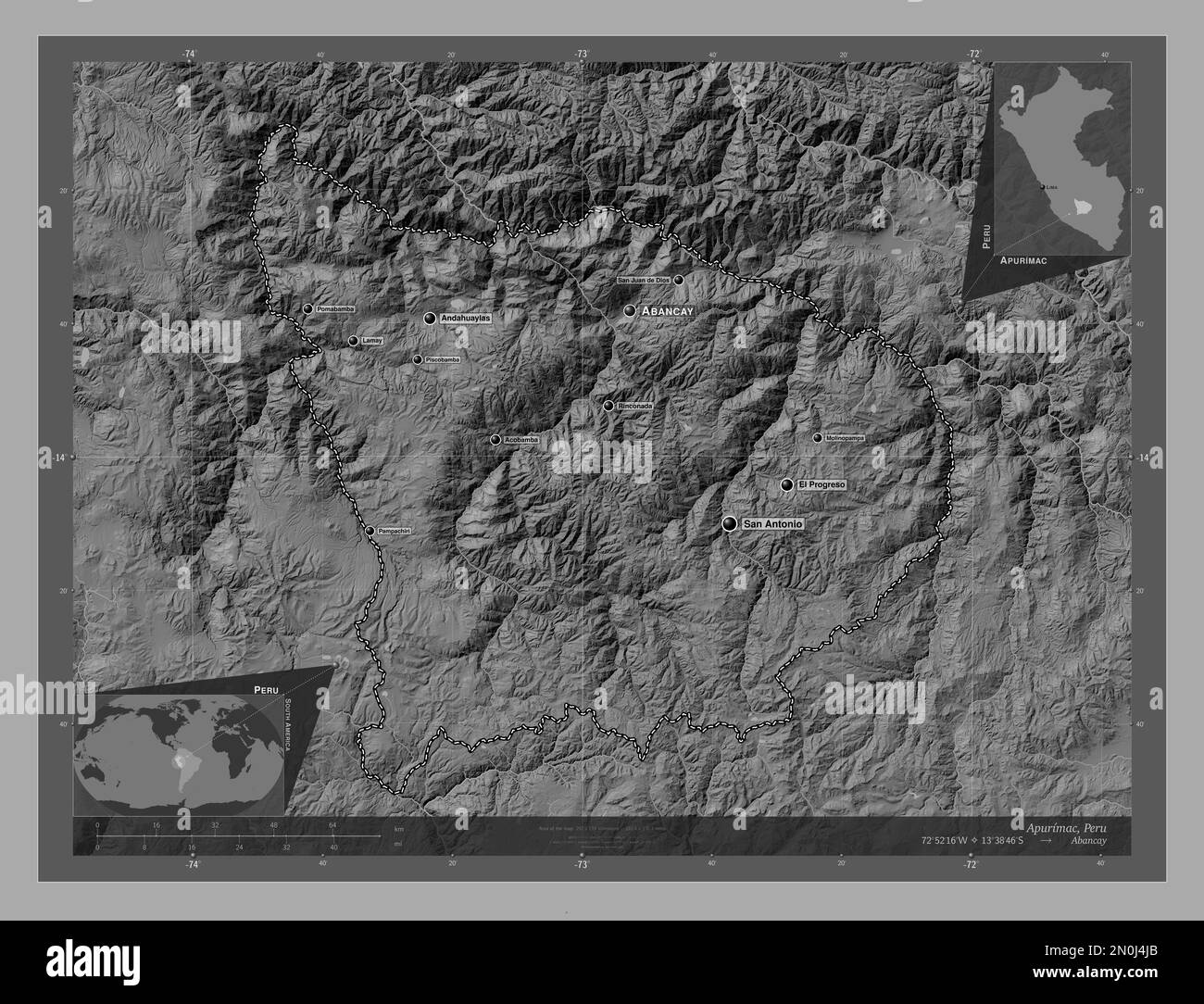 Apurimac, region of Peru. Bilevel elevation map with lakes and rivers ...