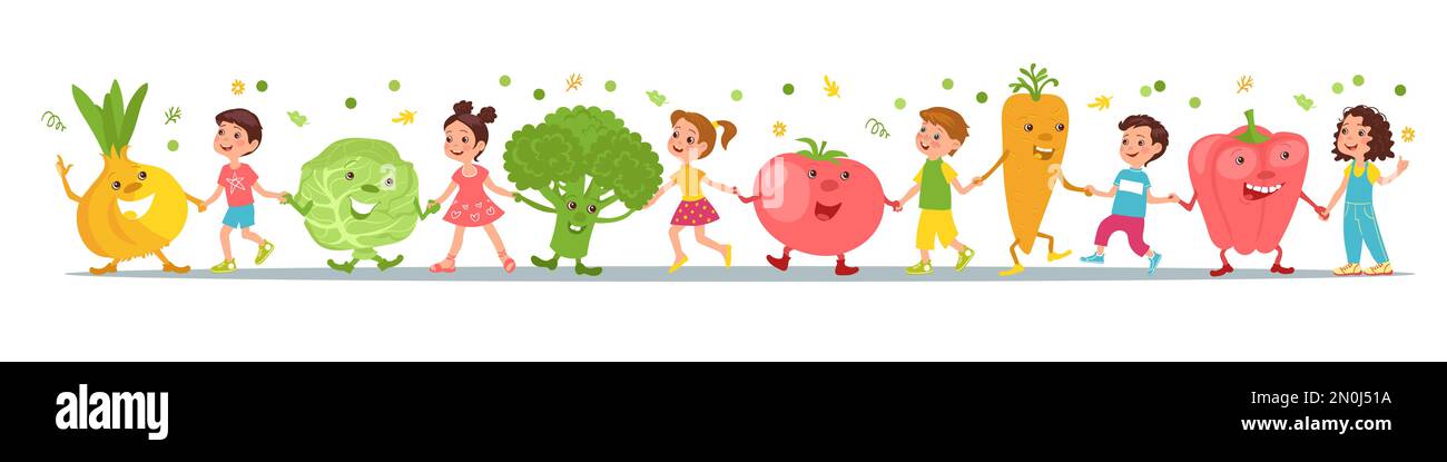 Happy children and cute vegetables. Food characters. Funny kids holding ...