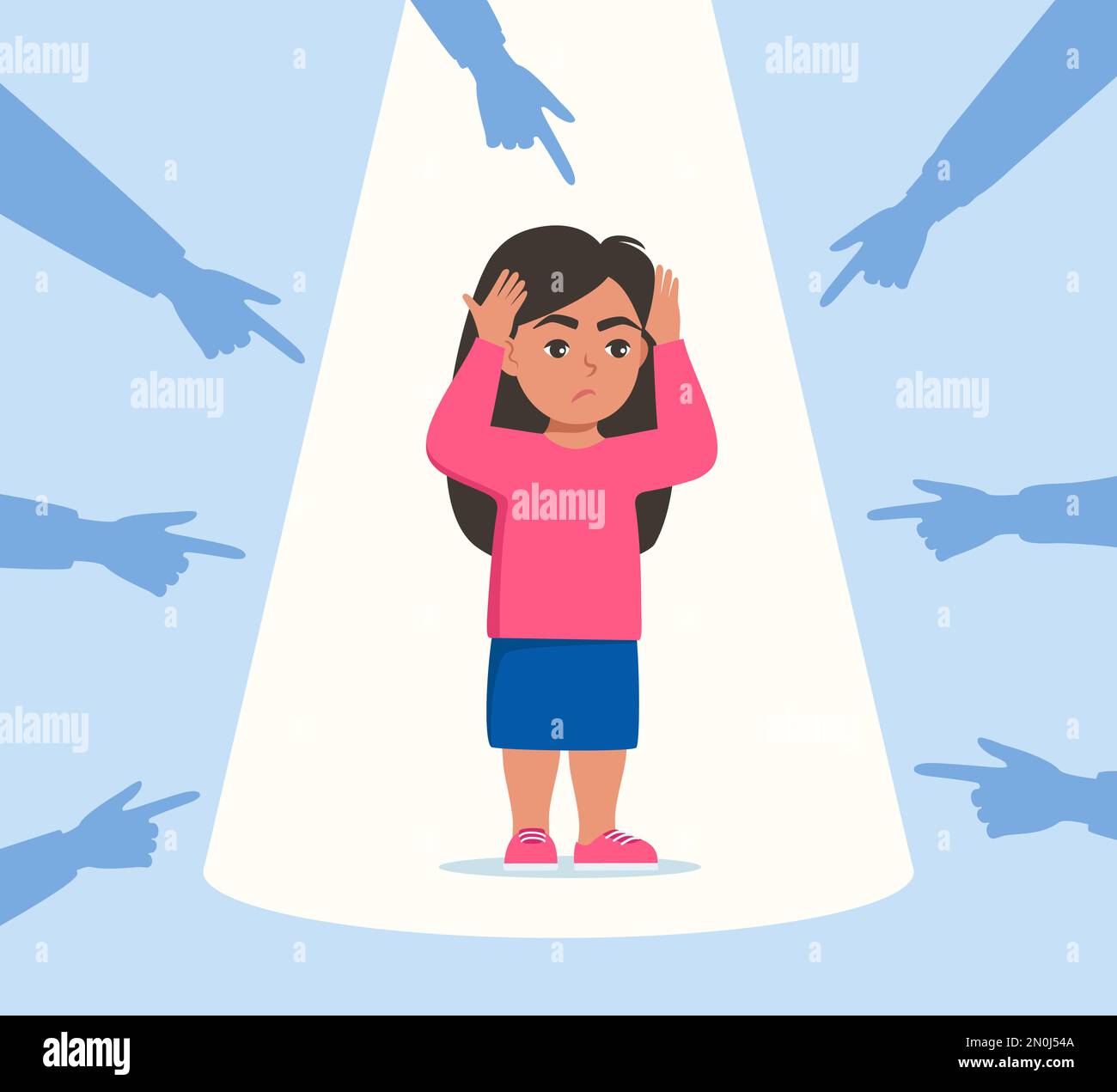 Sad or depressed girl kid surrounded by hands with index fingers ...