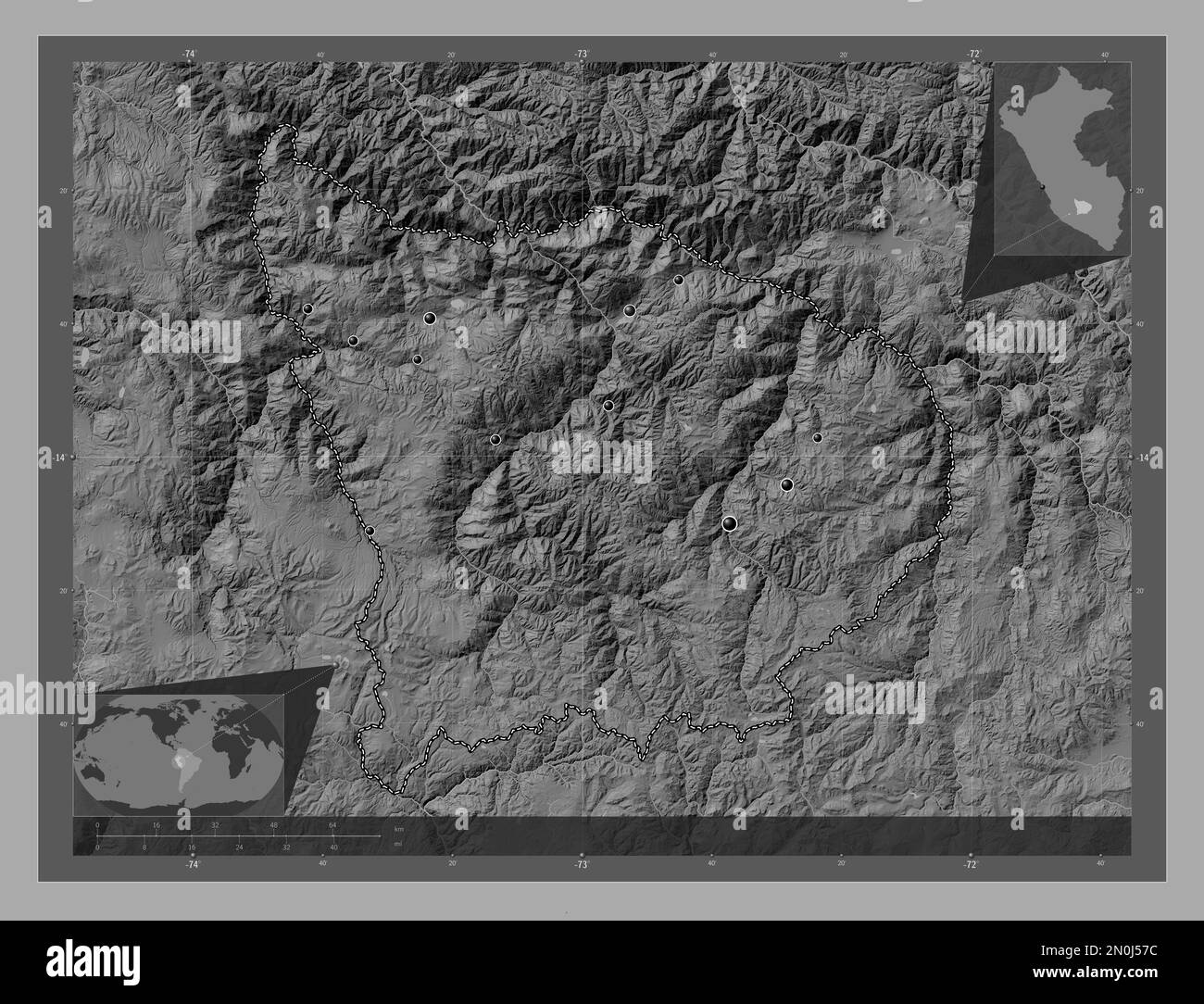 Apurimac, region of Peru. Bilevel elevation map with lakes and rivers ...