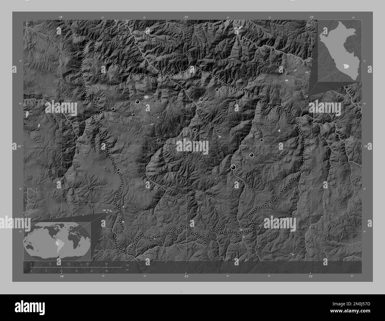 Apurimac, region of Peru. Grayscale elevation map with lakes and rivers ...