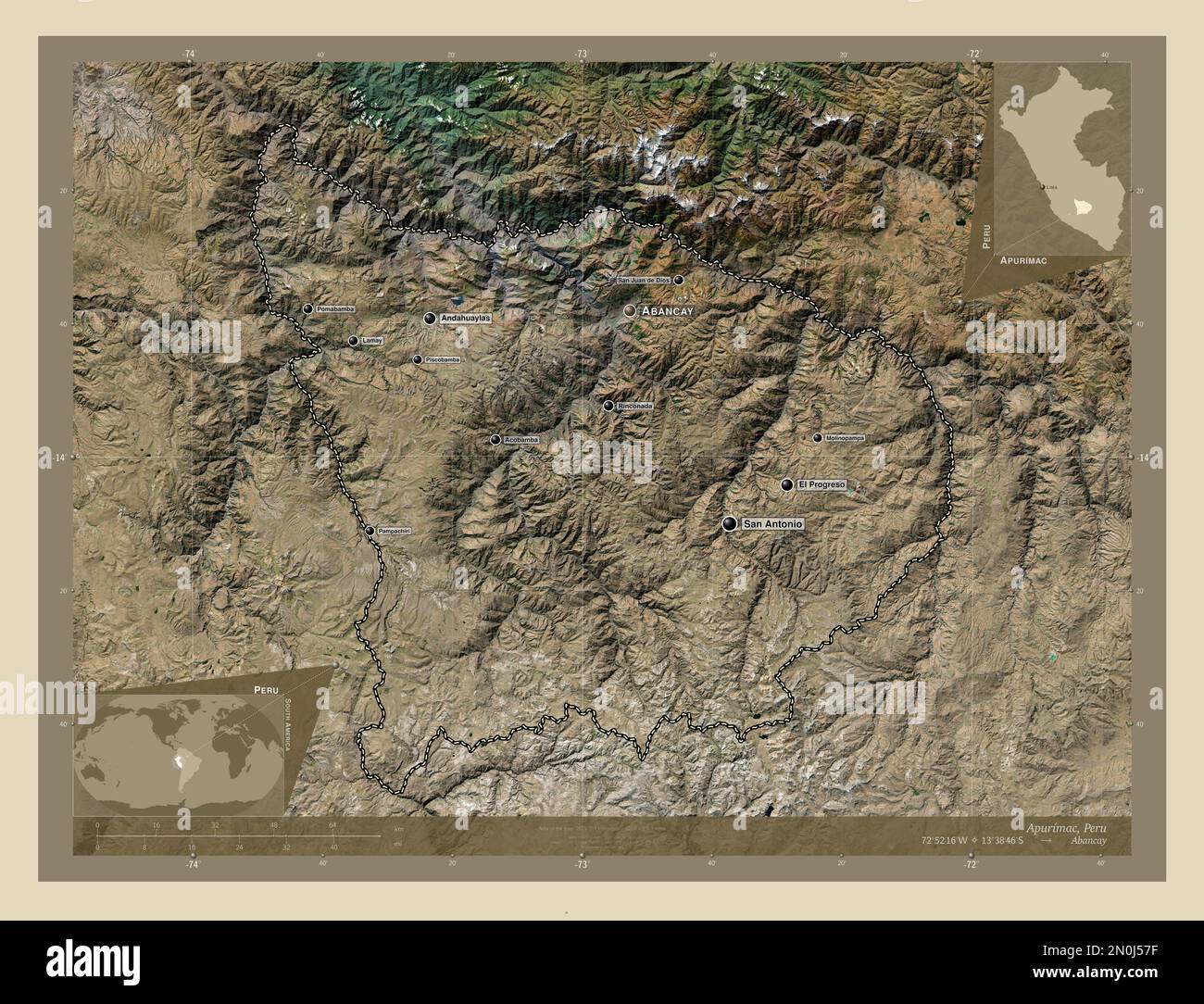 Apurimac, region of Peru. High resolution satellite map. Locations and ...