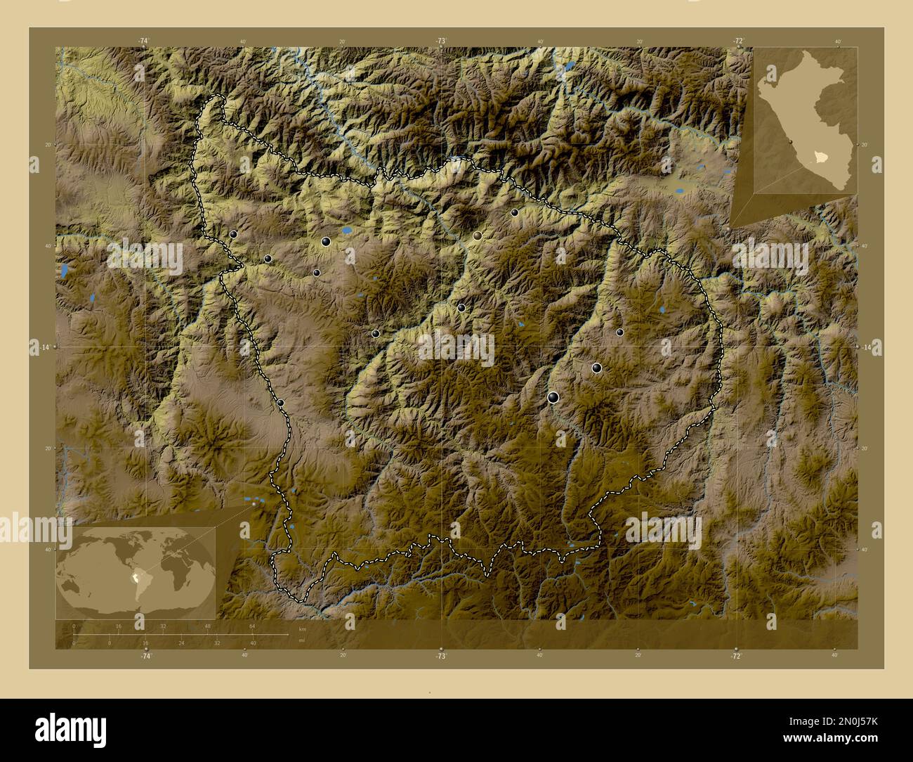 Apurimac, region of Peru. Colored elevation map with lakes and rivers ...