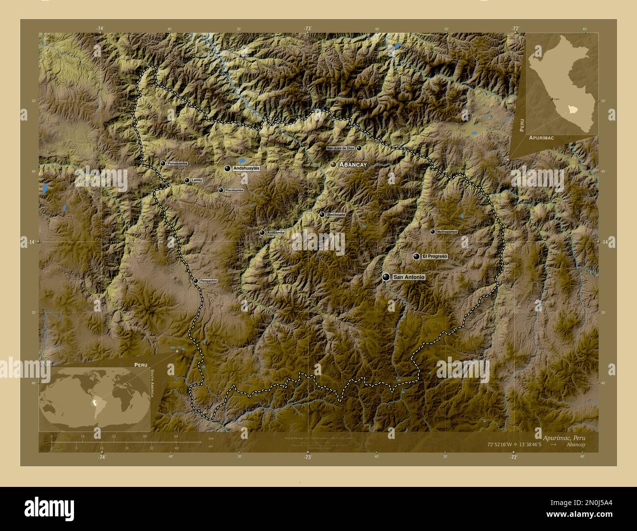 Apurimac, region of Peru. Colored elevation map with lakes and rivers ...