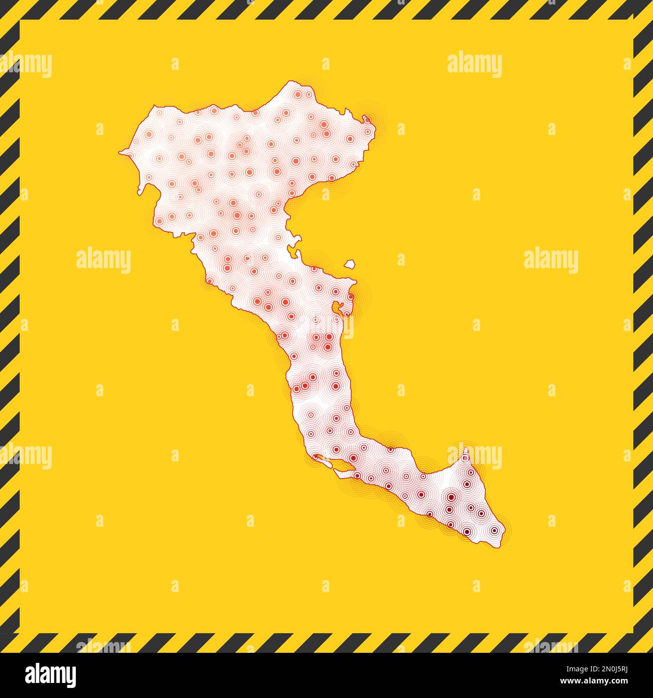 Corfu closed - virus danger sign. Lockdown island icon. Black striped ...