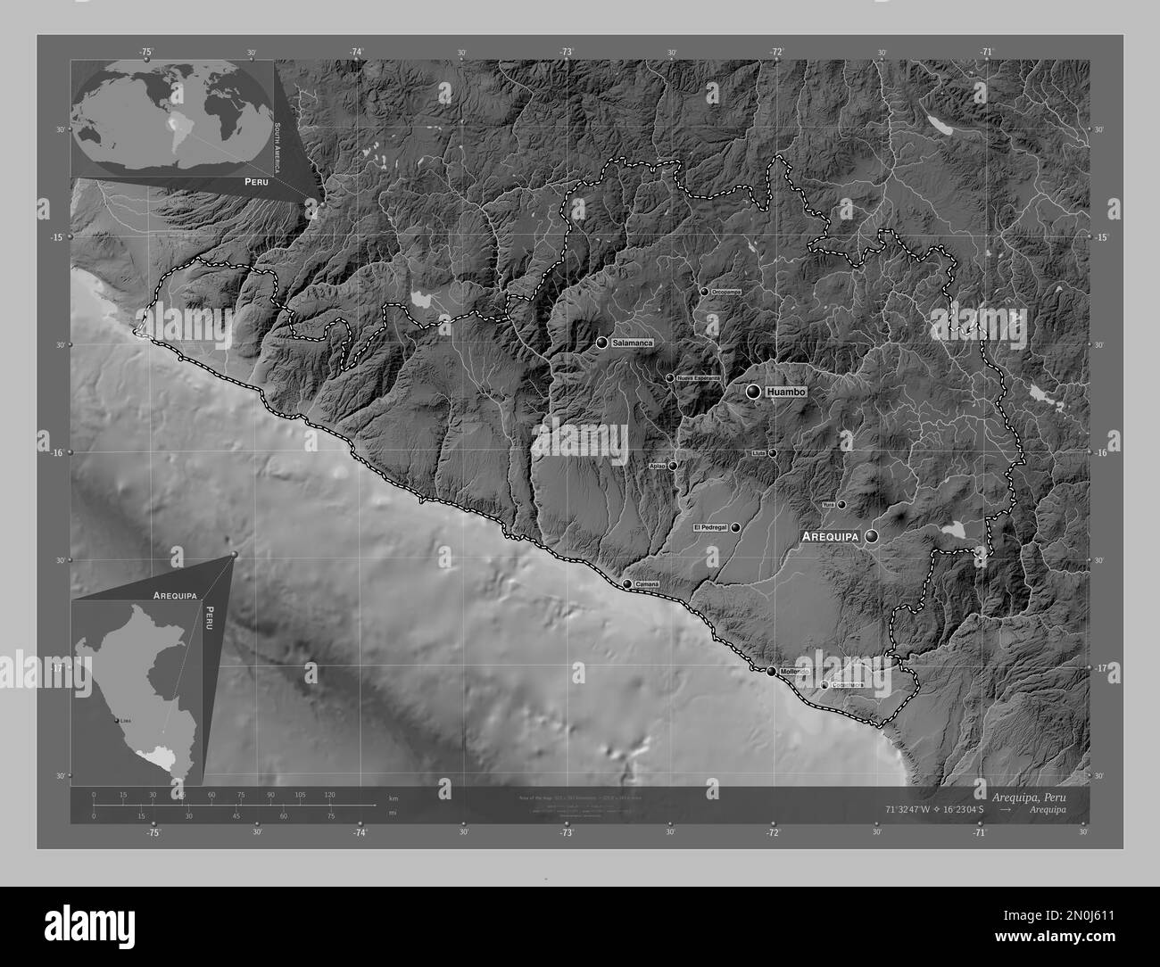 Arequipa, region of Peru. Grayscale elevation map with lakes and rivers ...