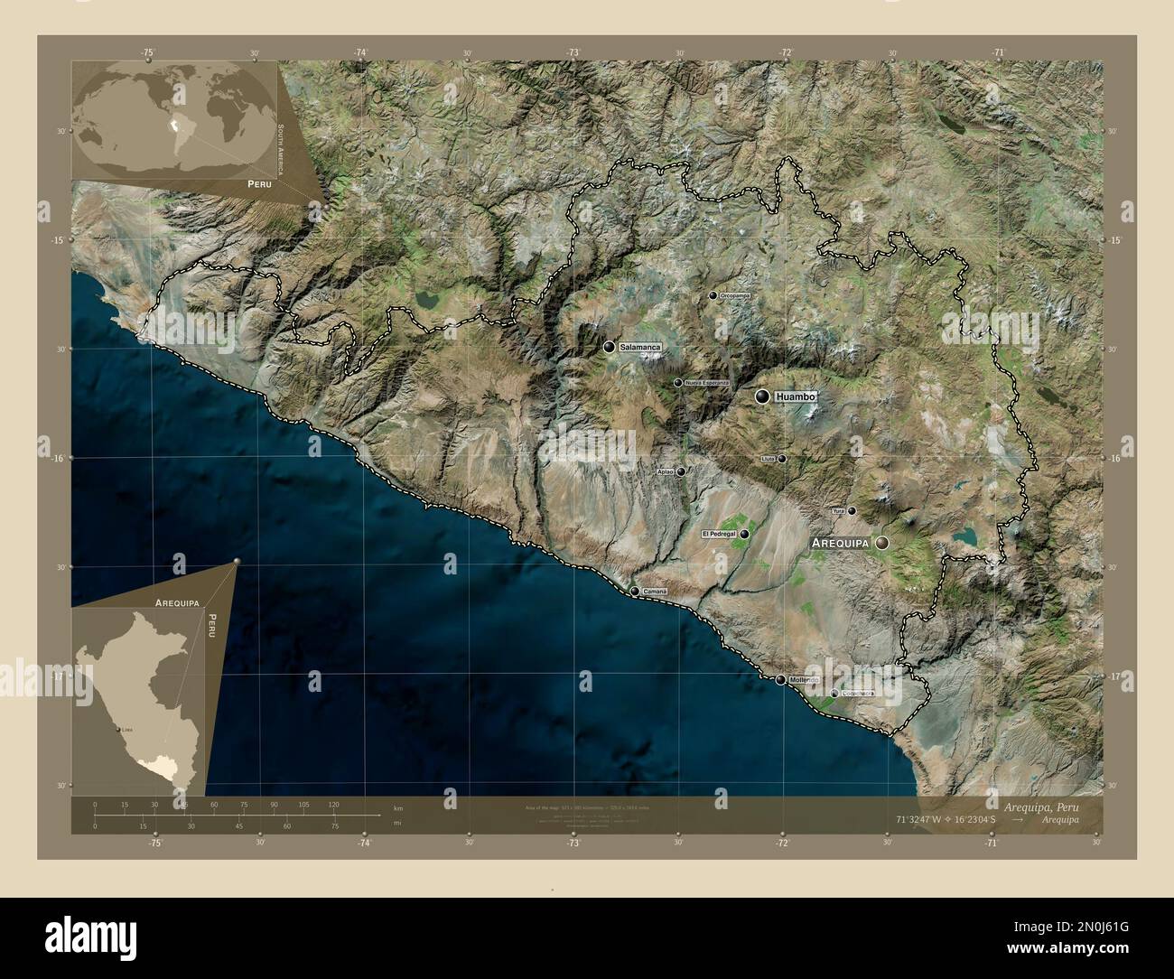 Arequipa, region of Peru. High resolution satellite map. Locations and names of major cities of ...