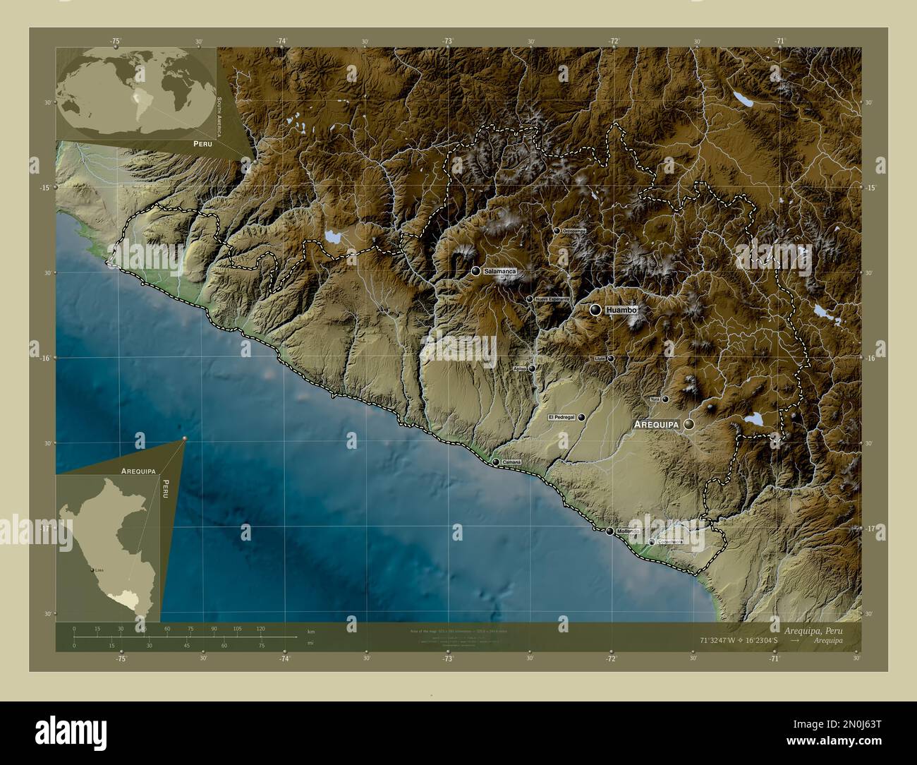 Arequipa, region of Peru. Elevation map colored in wiki style with ...