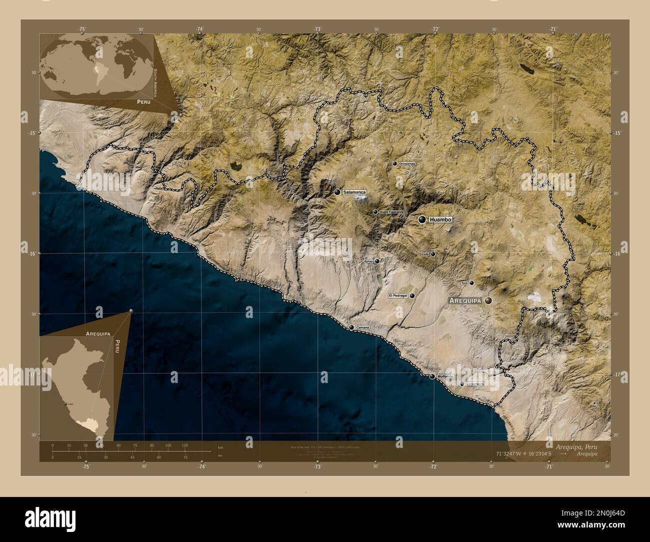 Arequipa, region of Peru. Low resolution satellite map. Locations and ...