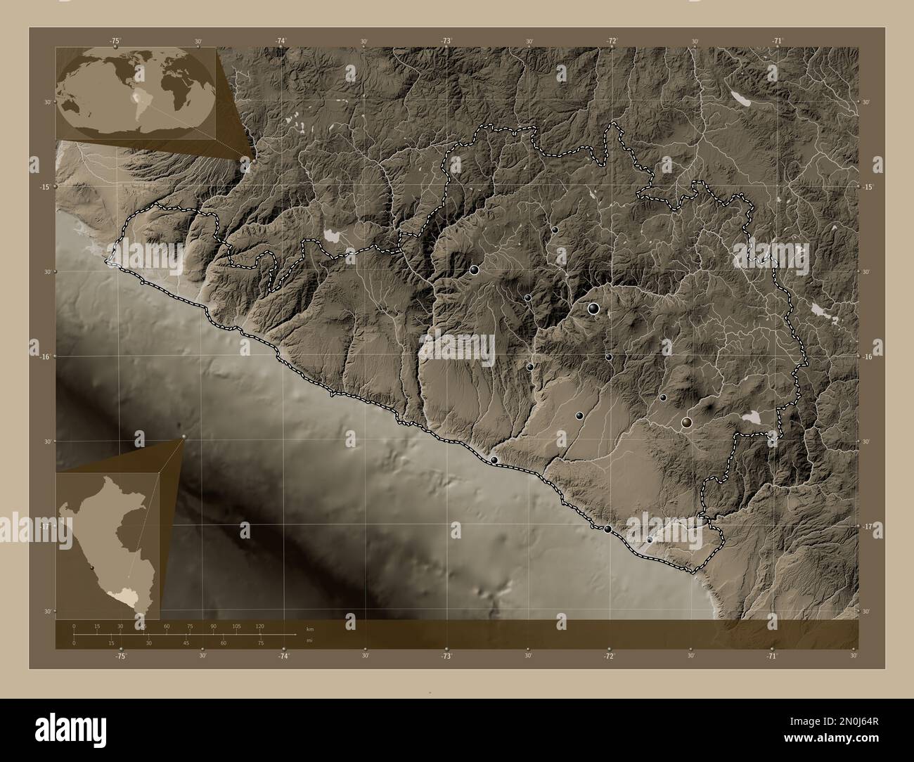 Arequipa, region of Peru. Elevation map colored in sepia tones with ...