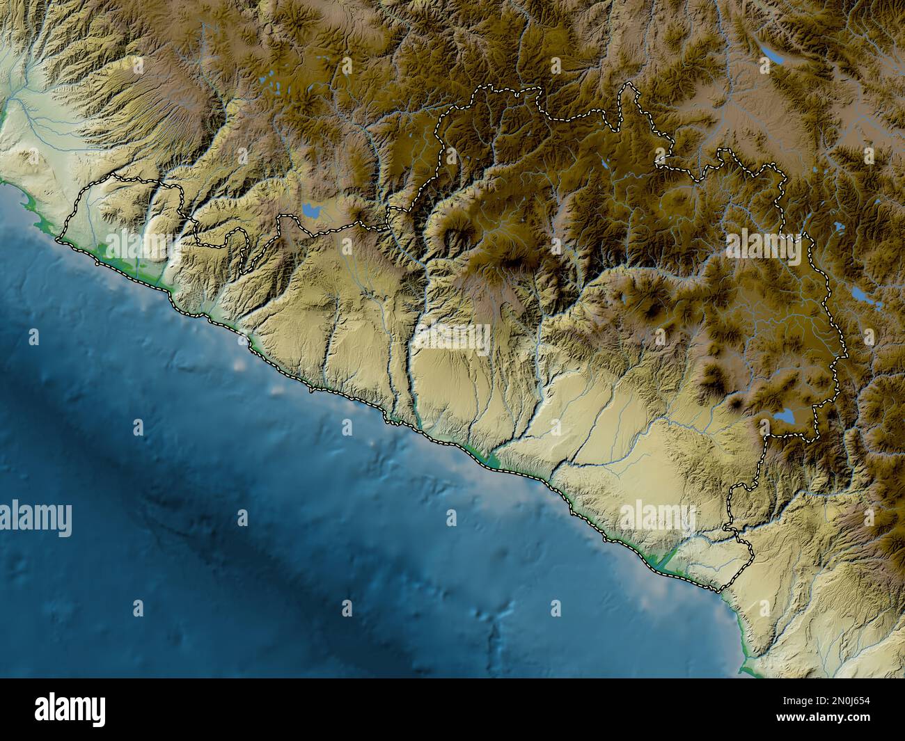 Arequipa, region of Peru. Colored elevation map with lakes and rivers ...