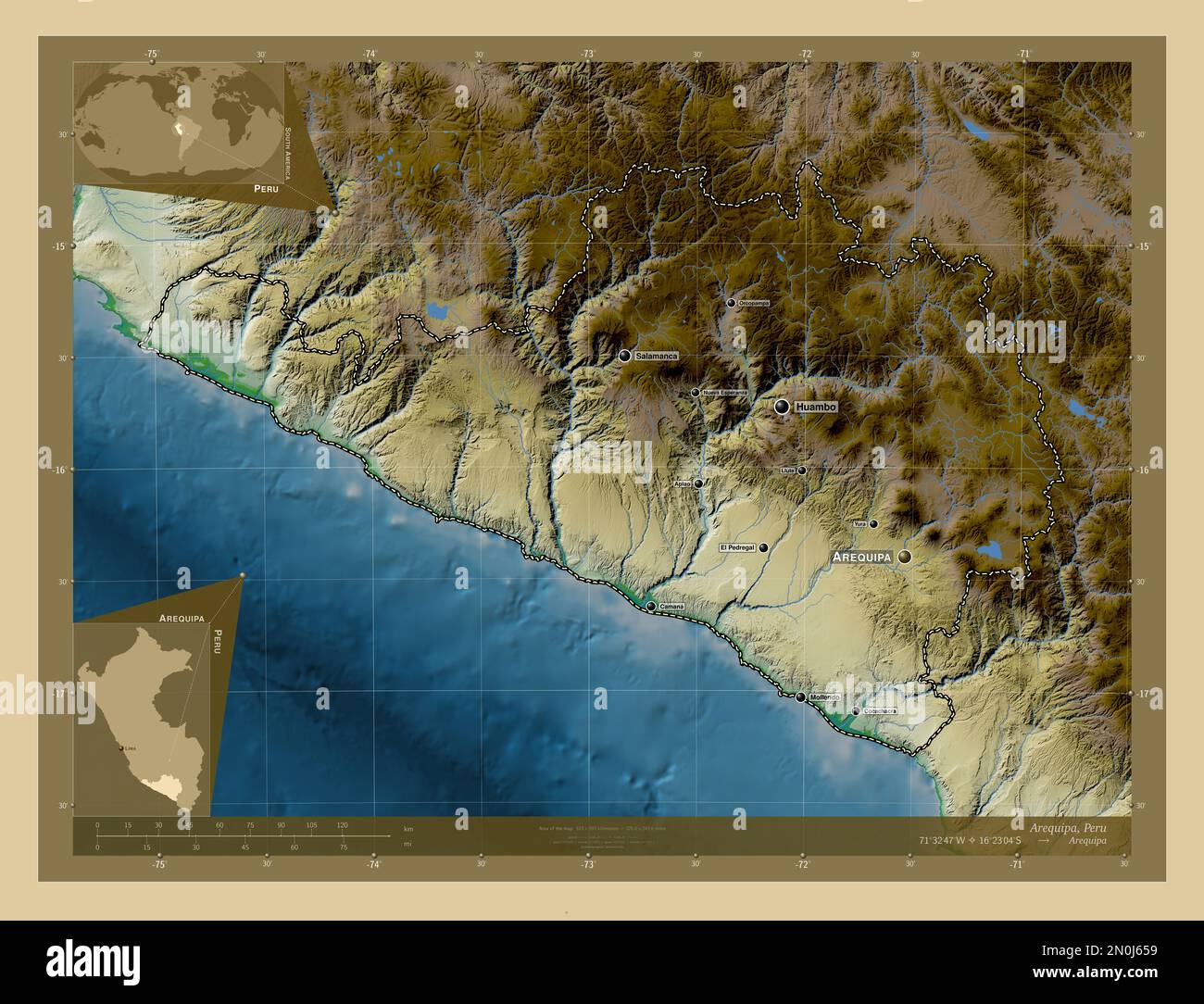 Arequipa, region of Peru. Colored elevation map with lakes and rivers ...
