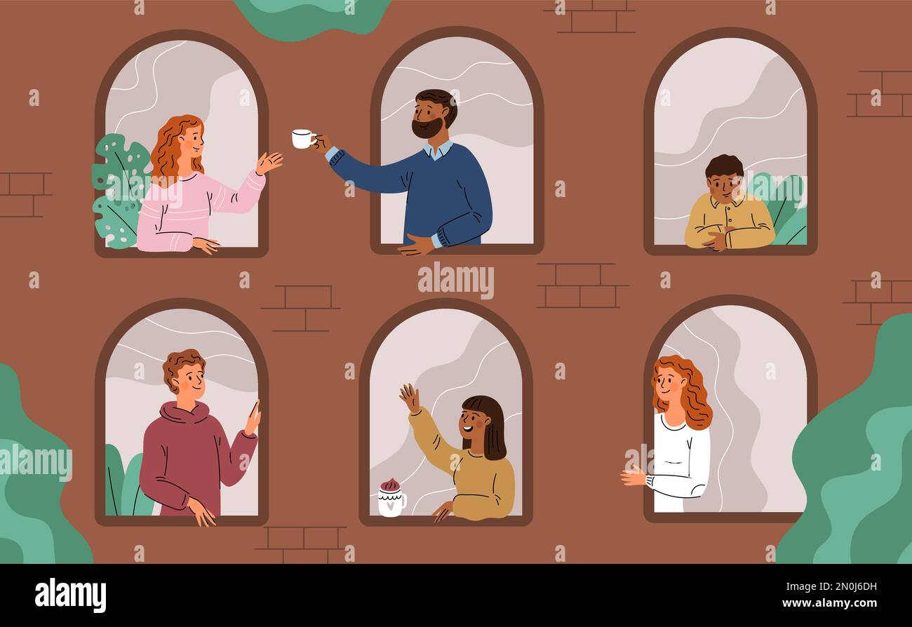 Peeking out window funny characters. Happy people interact with each ...