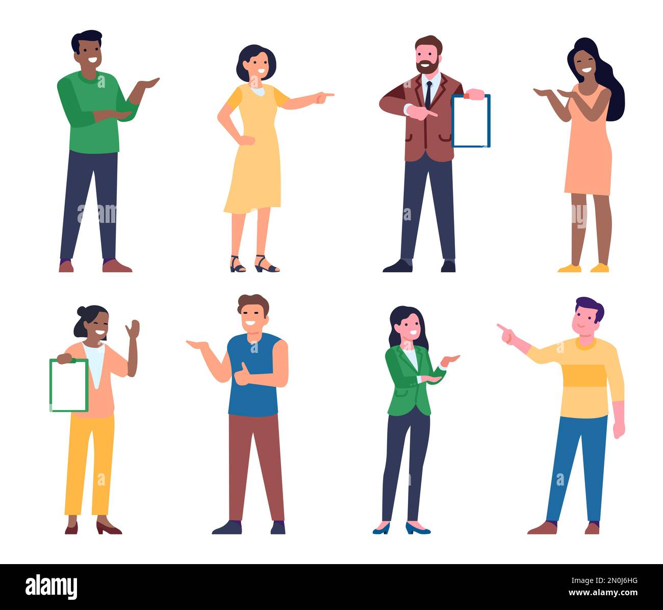 Joyful people pointing at something with fingers or hands. Manager ...